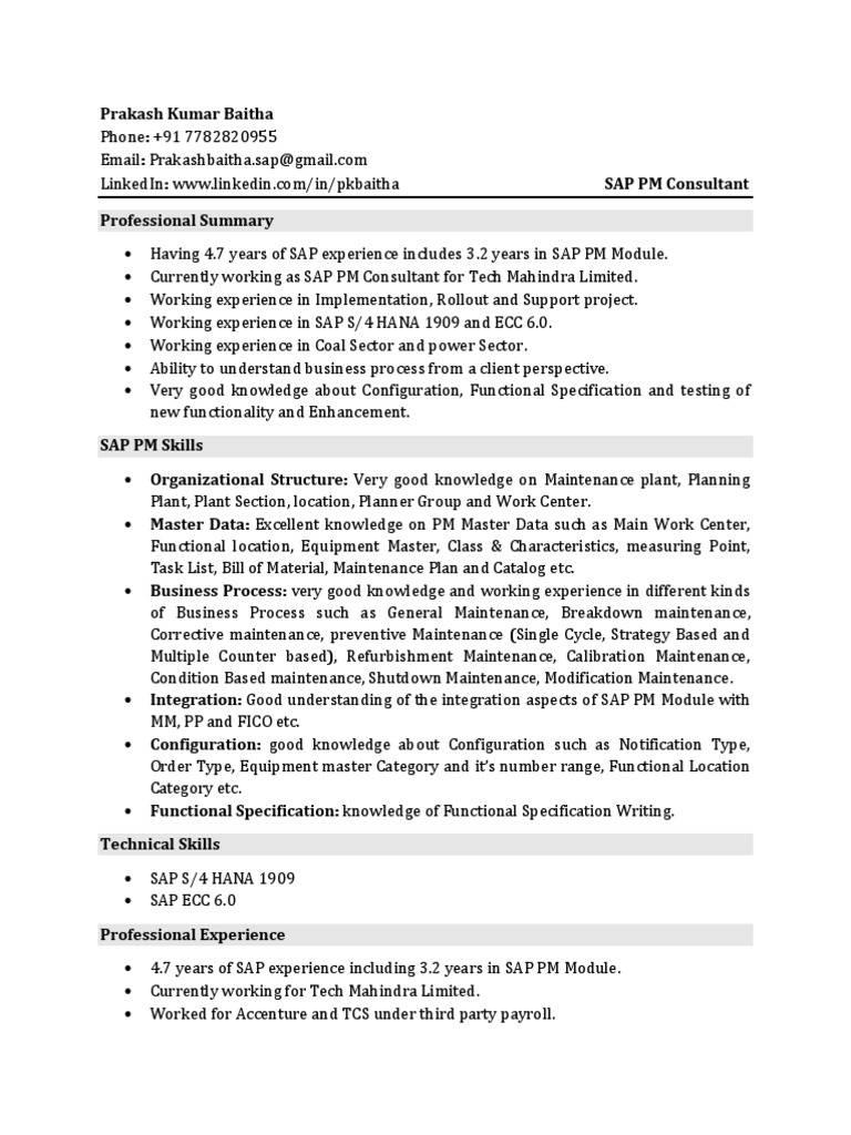 SAP PM Resume - Prakash | Download Free PDF | Business Process | Consultant