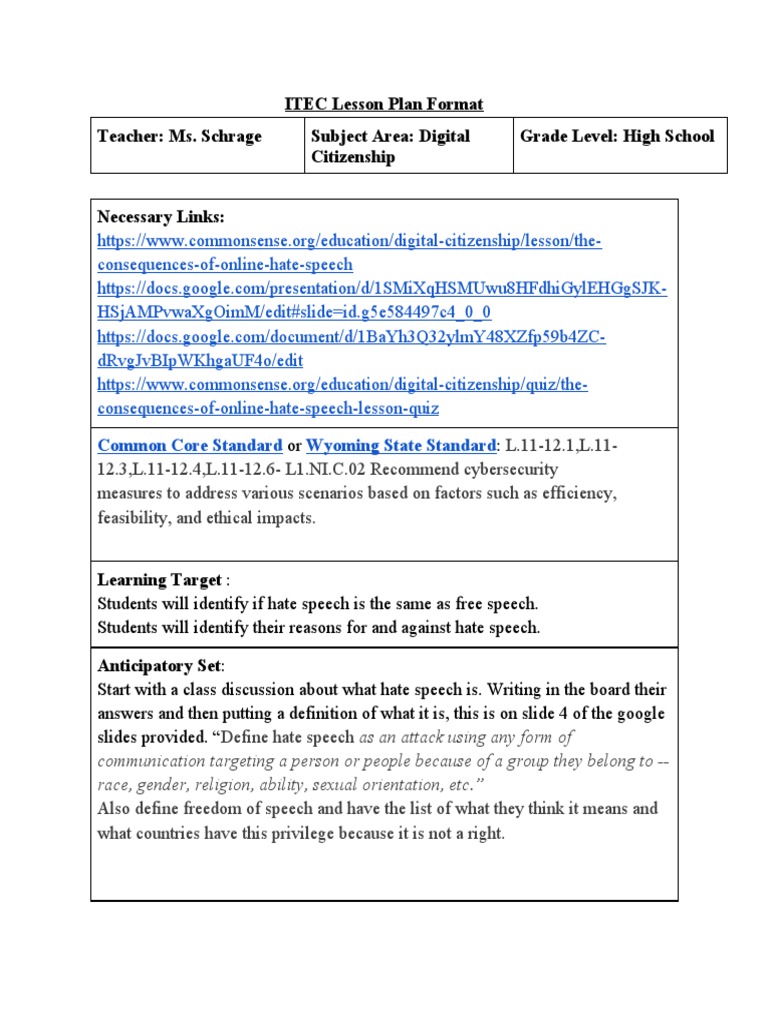 Itec Lesson Plan Format - Digital Citizenship | PDF | Hatred | Hate Speech