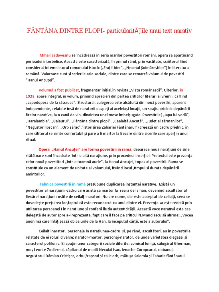 FÂNTÂNA DINTRE PLOPI-particularitățile Unui Text Narativ | PDF