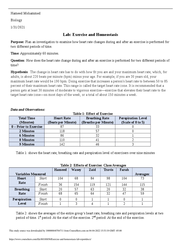Exercise and Homeostasis Lab Report | PDF | Heart Rate | Breathing