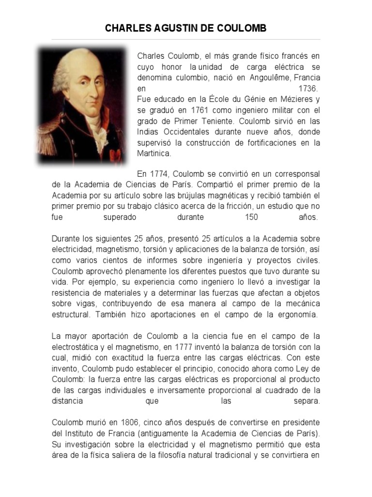 Biografía De Charles Agustín De Coulomb Pdf Cantidades Fisicas Fuerza