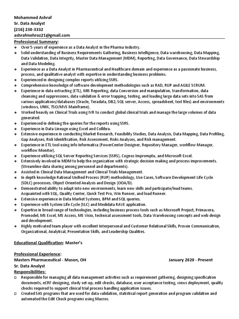Mohammed Ashraf Sr Data Analyst 216 230 3332 Professional Summary Pdf Microsoft Sql