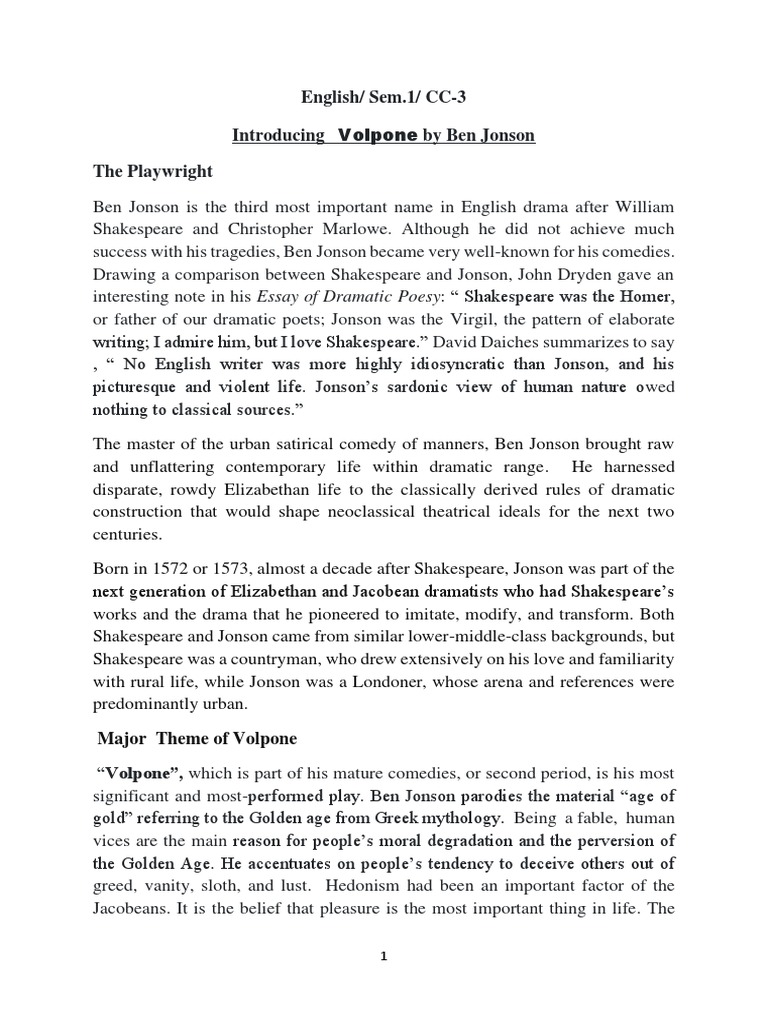 English/ Sem.1/ CC-3 Introducing Volpone by Ben Jonson The Playwright ...
