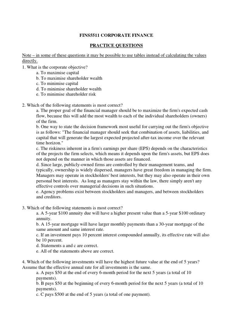 Corporate Finance Practice Questions | PDF | Bonds (Finance) | Beta ...