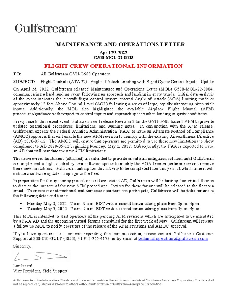 G500MOL-2022-0005 - Gulfstream G500 Maintenance Operations Letter | PDF ...