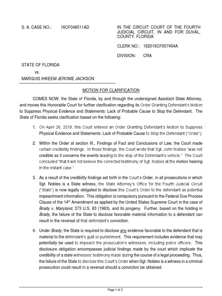 Motion For Clarification (16-CF-7454) | PDF | Discovery (Law) | Brady V. Maryland