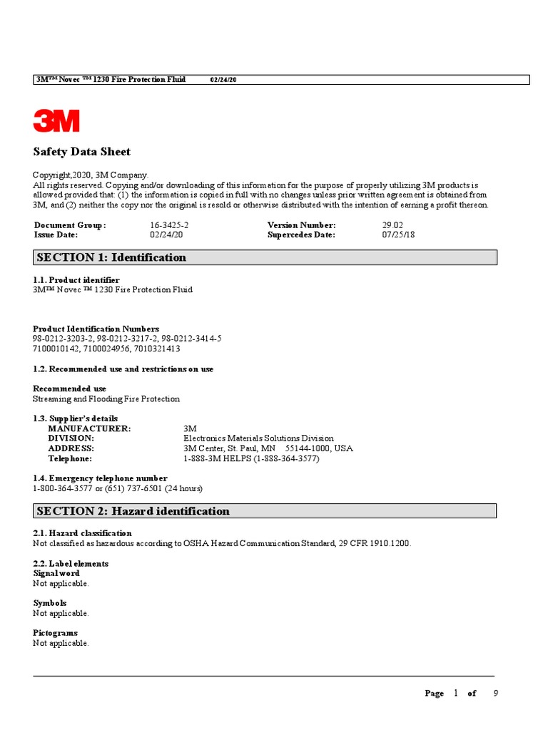 3M Novec 1230 MSDS - EN | PDF | Hazardous Waste | Personal Protective ...