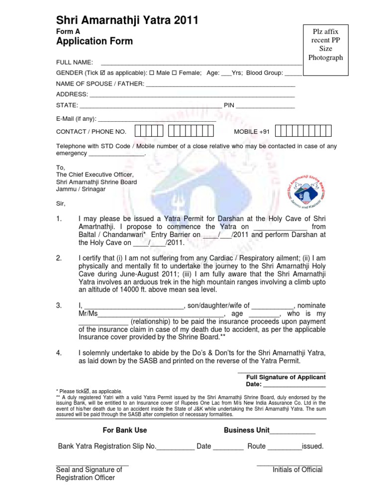 Amarnath Yatra Registration Form | Download Free PDF | Business