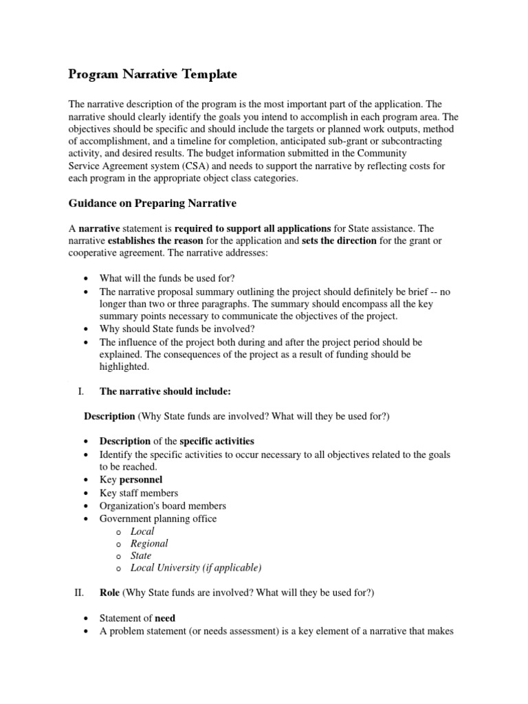 Program Narrative Template: Guidance On Preparing Narrative | PDF ...