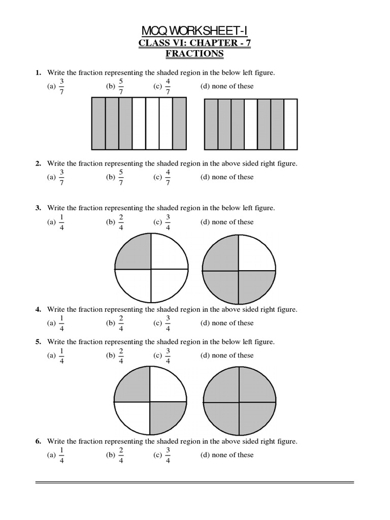 MCQ Worksheet-I: Class Vi: Chapter - 7 Fractions | PDF | Mathematical ...