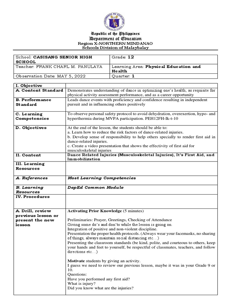 Lesson Plan For Demo Deped | PDF | Human Musculoskeletal System | Pain