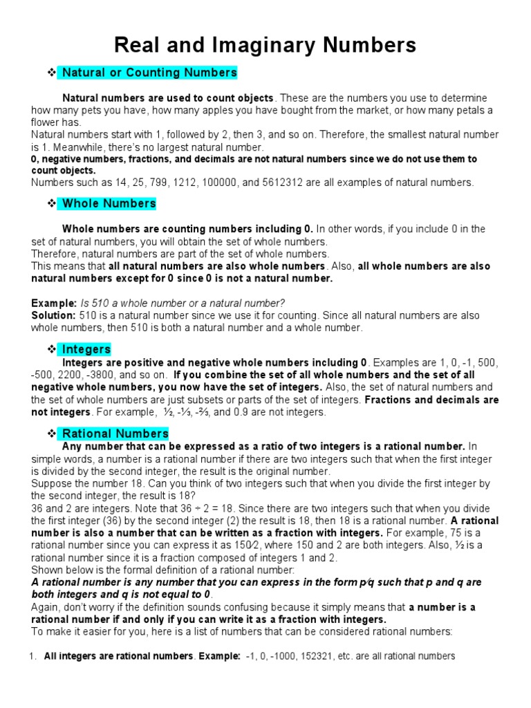 Real and Imaginary Numbers: Natural or Counting Numbers | PDF | Numbers ...