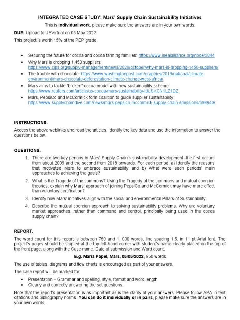 INTEGRATED CASE STUDY: Mars' Supply Chain Sustainability Initiatives ...