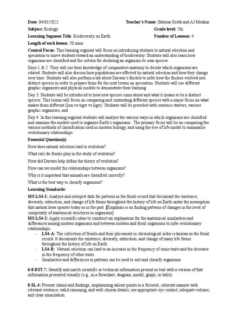 Entire Lesson Plan | PDF | Species | Evolution