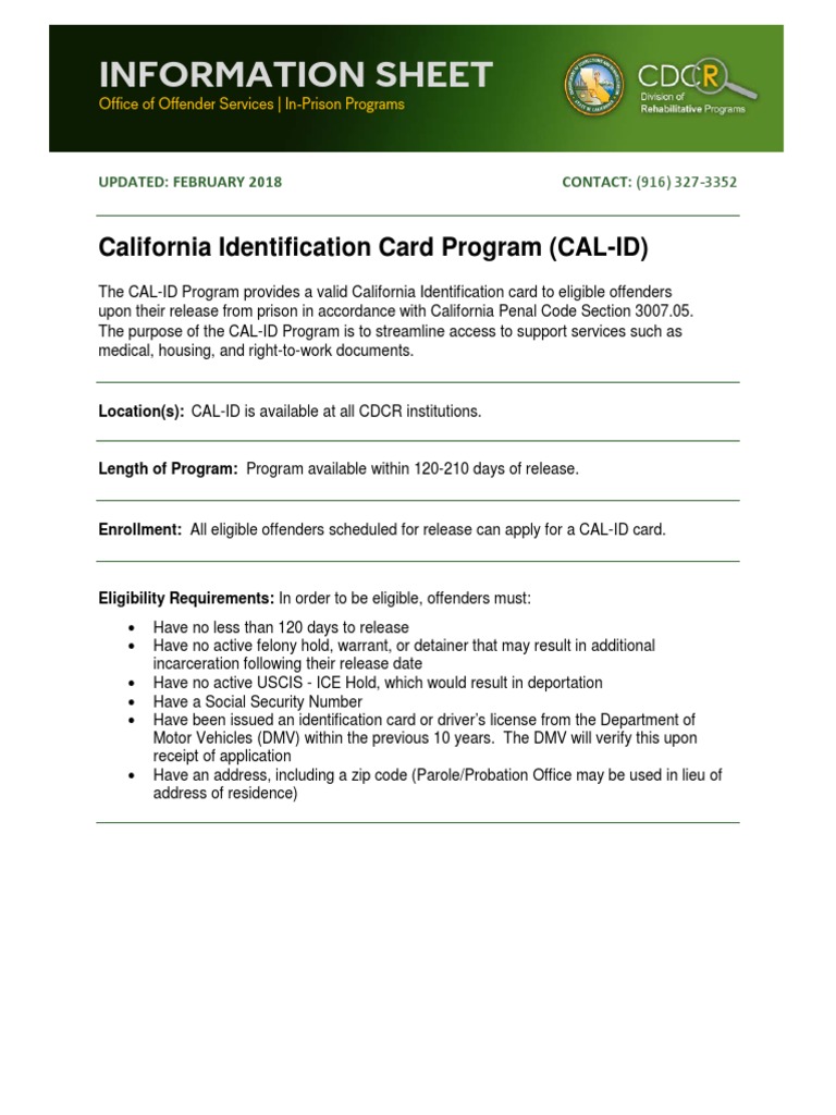 Information Sheet: California Identification Card Program (CAL-ID ...