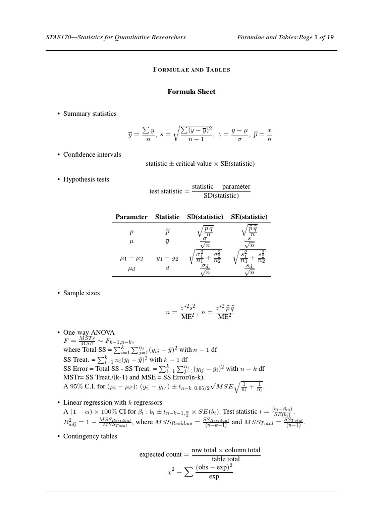 Formula Sheet and Statistical Tables | PDF | Confidence Interval ...