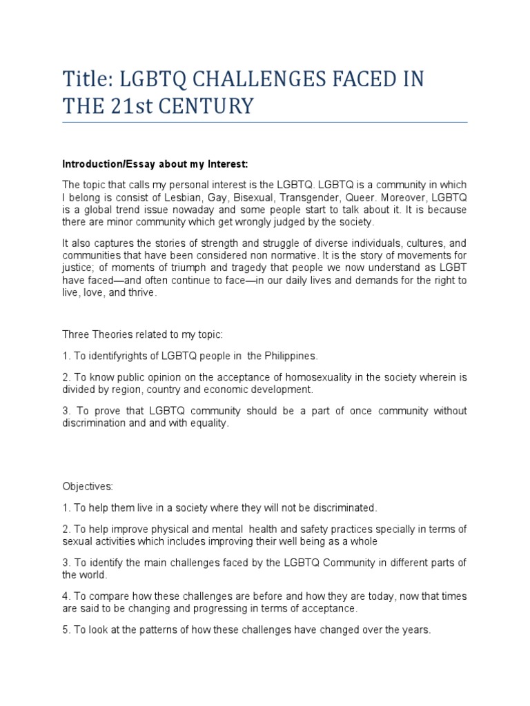 Title: LGBTQ Challenges Faced in The 21St Century: Introduction/Essay ...