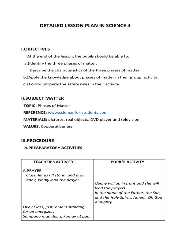 Grade 4 Lesson Plan: Phases of Matter | PDF | Respiratory System ...