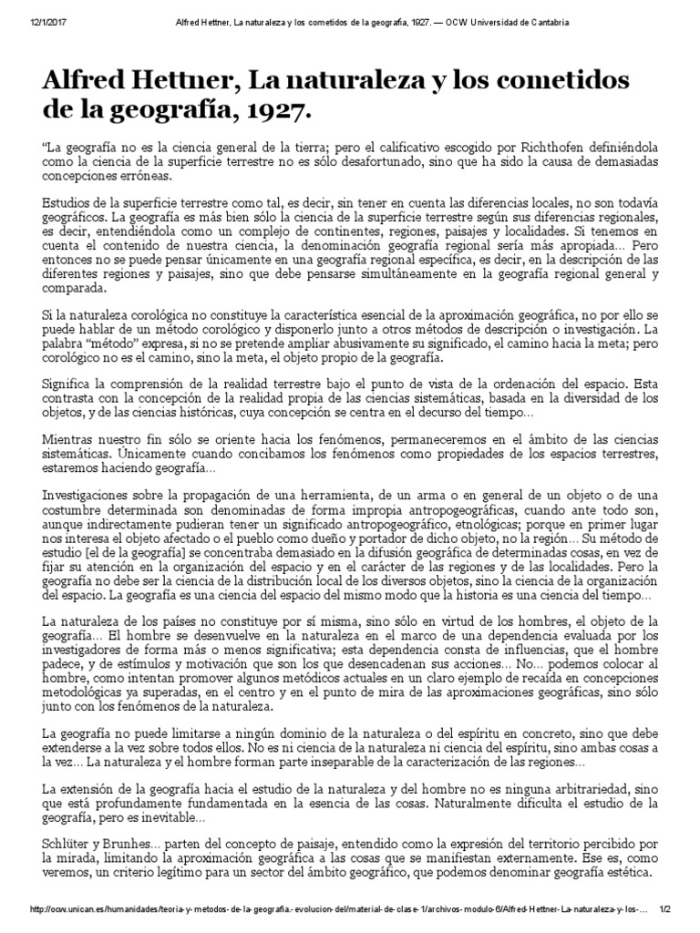 Alfred Hettner, La Naturaleza y Los Cometidos de La Geografía, 1927 ...
