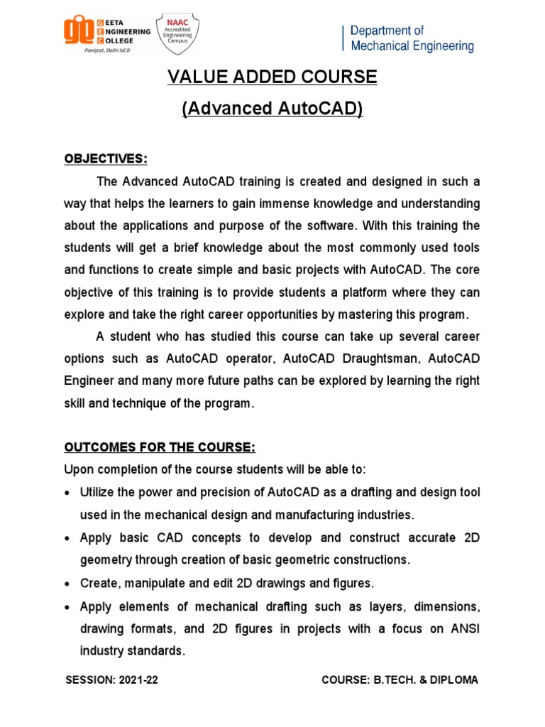 Advance CAD Goal, Objective, Content | PDF | Technical Drawing | Auto Cad