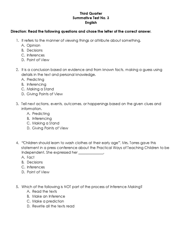 Third Quarter Summative Test No. 3 English Direction: Read The ...