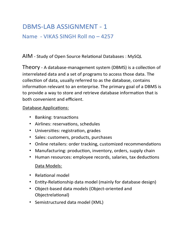 Dbms-Lab Assignment - 1: Name - VIKAS SINGH Roll No - 4257 | Download Free PDF | Databases | My Sql