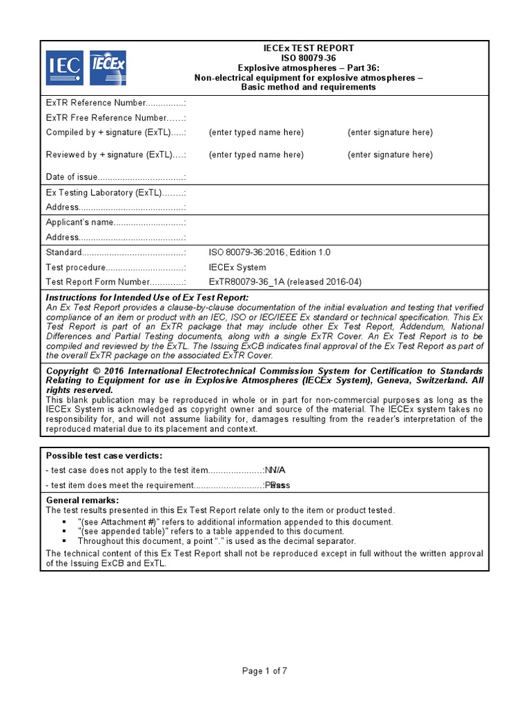 Iecex Test Report ISO 80079-36 Explosive Atmospheres - Part 36: Non ...