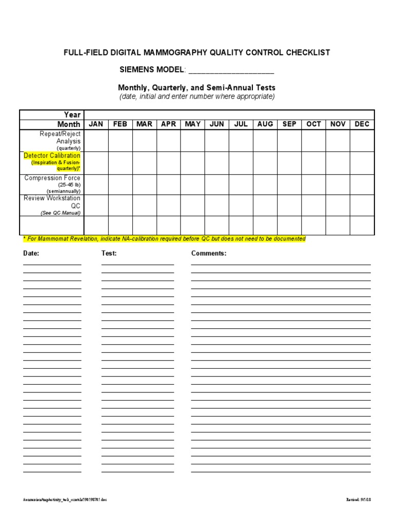 Full-Field Digital Mammography Quality Control Checklist SIEMENS MODEL ...