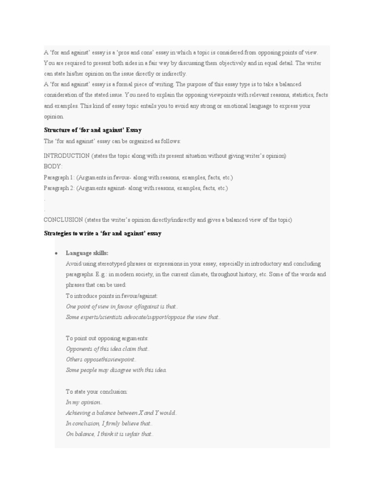 Structure of For and Against' Essay: Language Skills | PDF | Essays ...