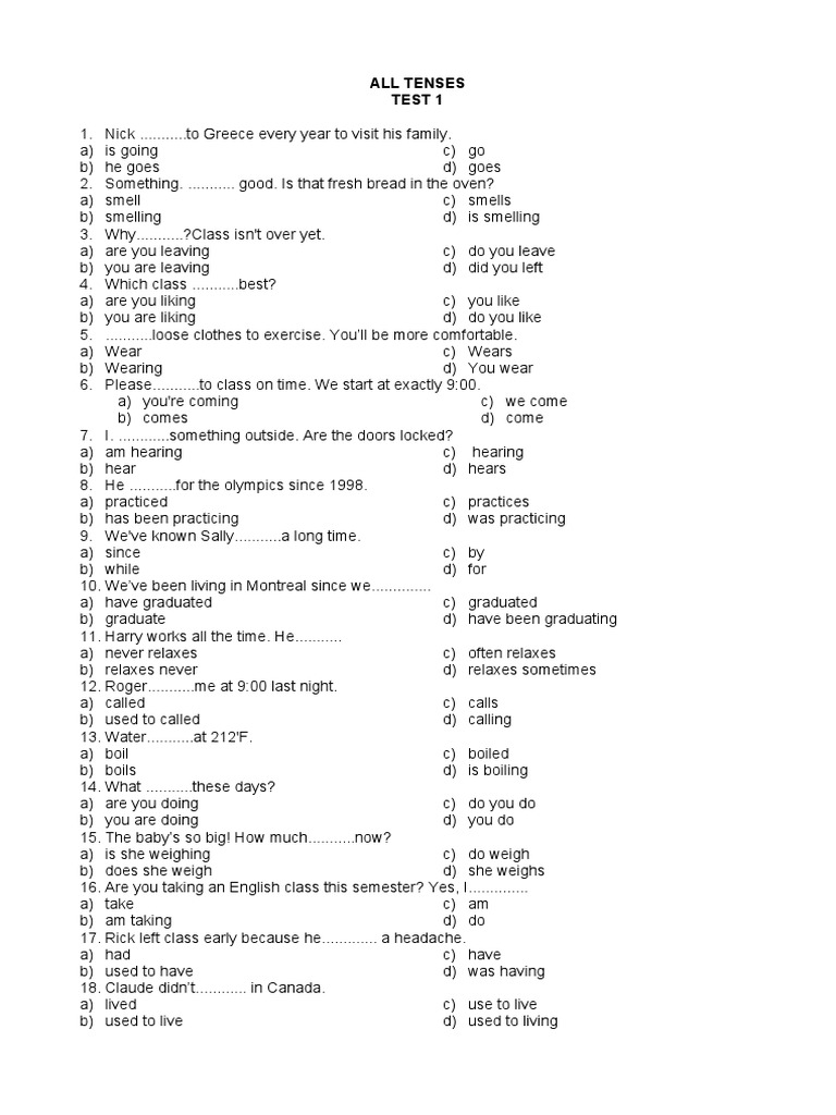 All Tenses Test 1 | PDF