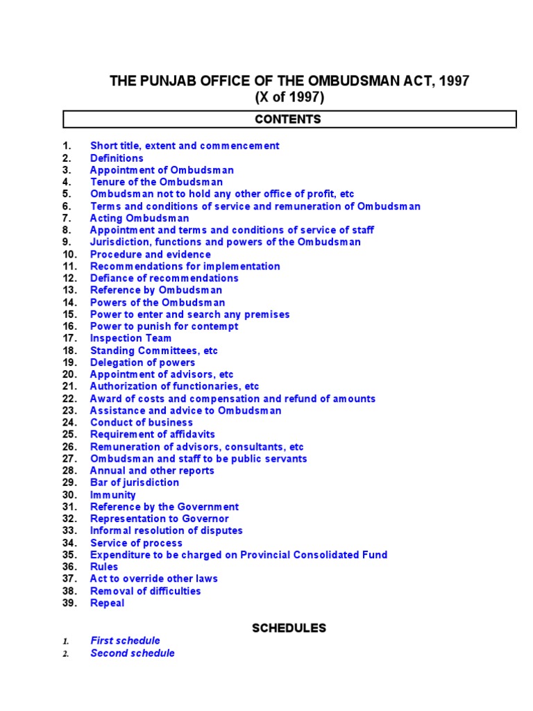 Punjab Ombudsman Act 1997 Overview | PDF | Service Of Process ...