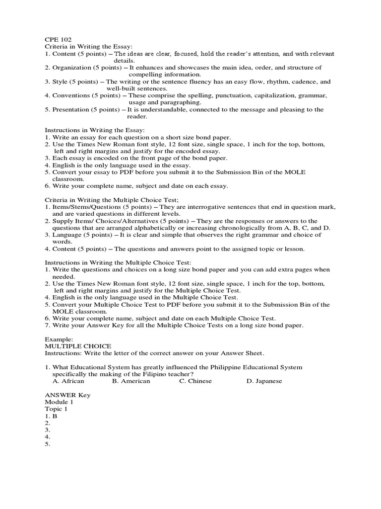 Guidelines for Writing Essays and Multiple Choice Tests: Criteria ...