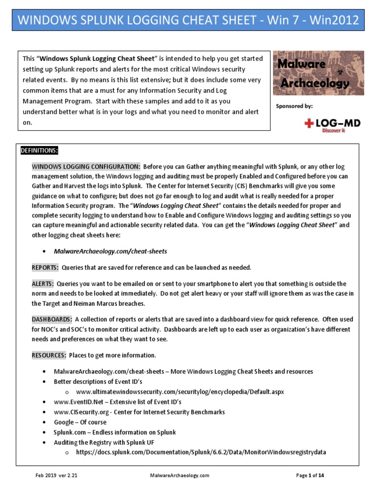 Windows Splunk Logging Cheat Sheet - Win 7 - Win2012: Definitions | PDF ...