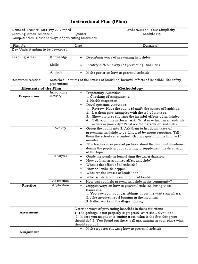 Instructional Plan (Iplan) : Elements of The Plan Methodology | PDF ...