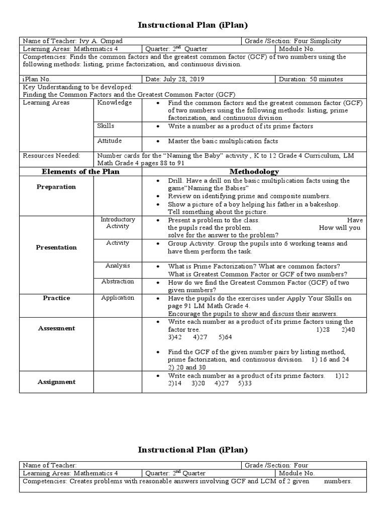 Instructional Plan (Iplan) : Elements of The Plan Methodology | PDF | Mathematics | Learning
