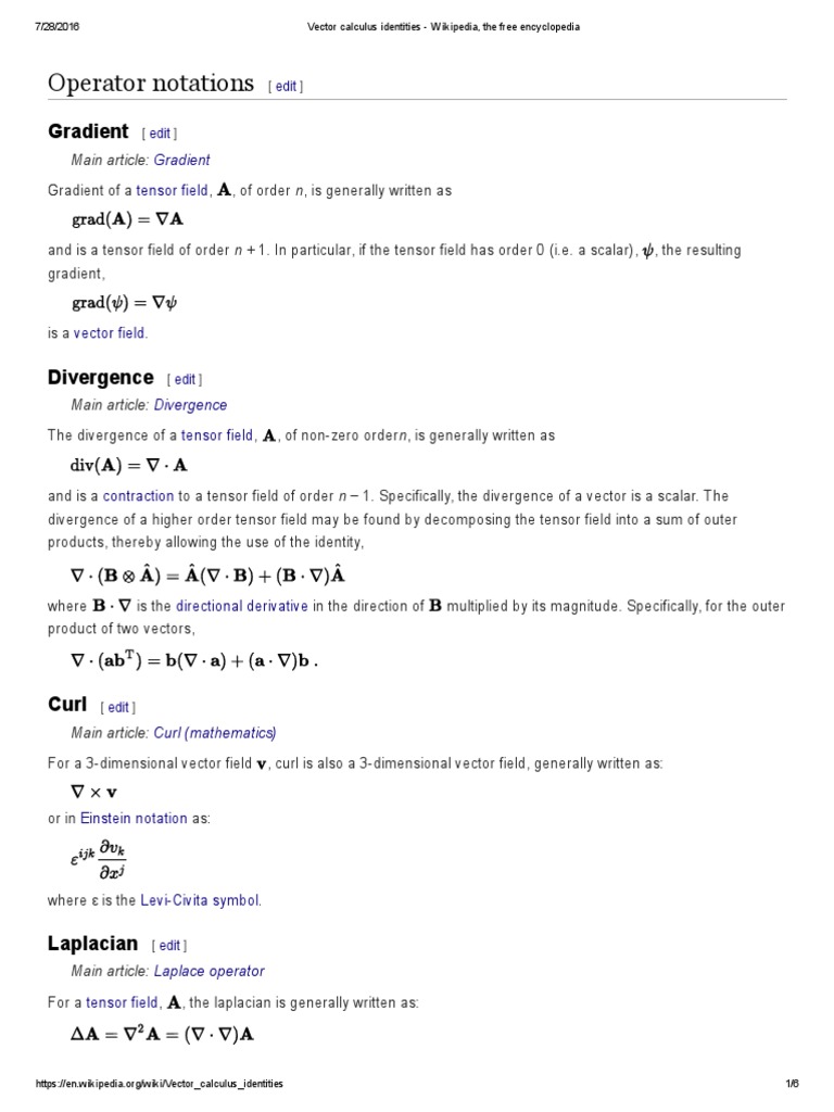 Vector Calculus Identities Chart Pdf Vector Calculus Differential