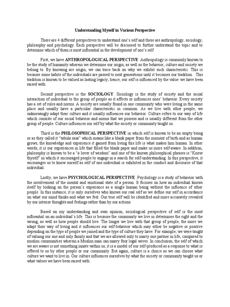 Understanding Myself in Various Perspective | PDF | Self | Sociology