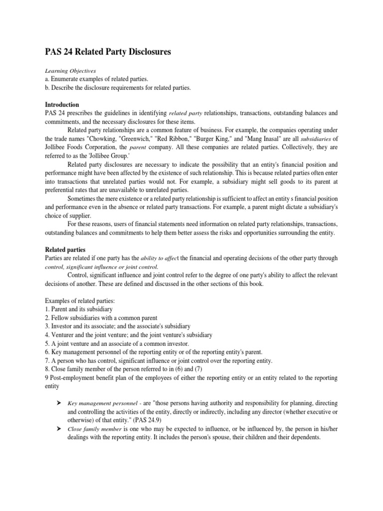 PAS 24 Related Party Disclosures: Learning Objectives | PDF | Financial ...