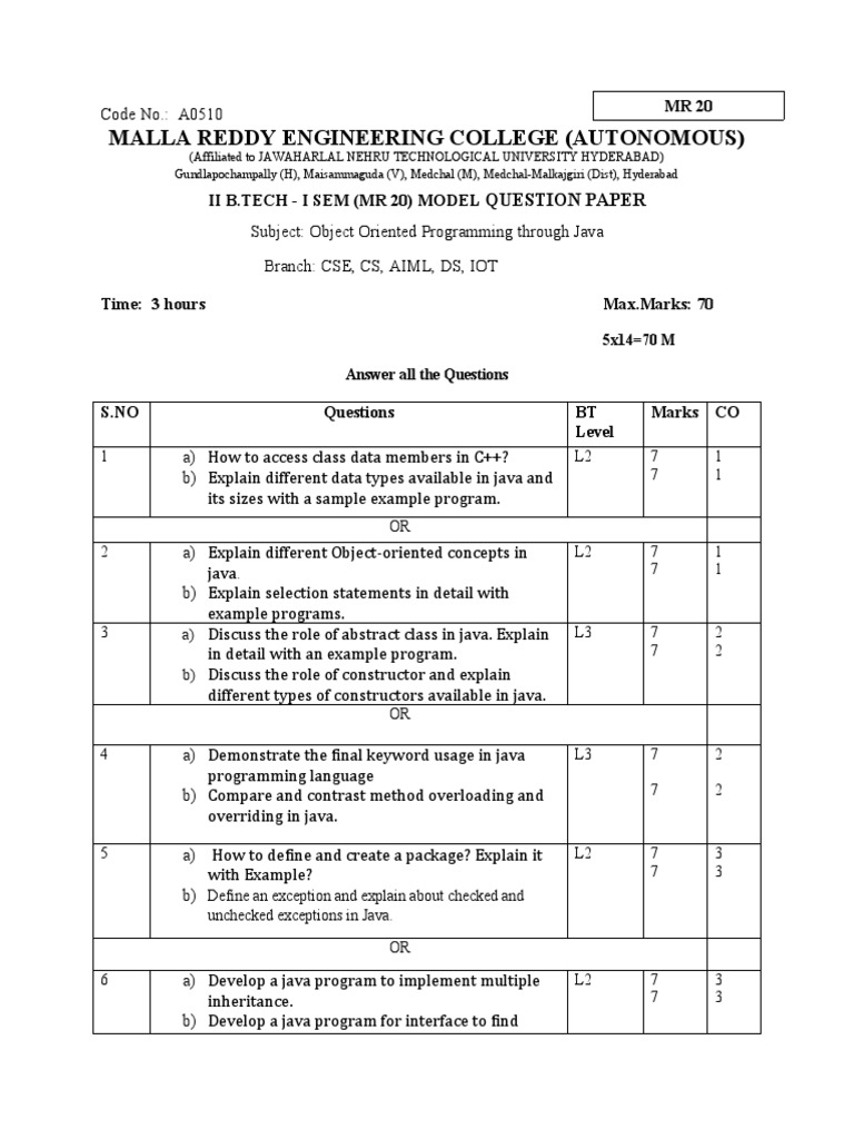 II B.Tech I Sem OOPS Final Exam (MR20) Model Paper | PDF | Method ...