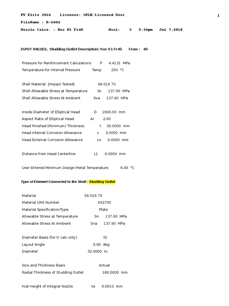 Studding Outlet Calculation - PV Elite 2016 | PDF | Mechanical Engineering