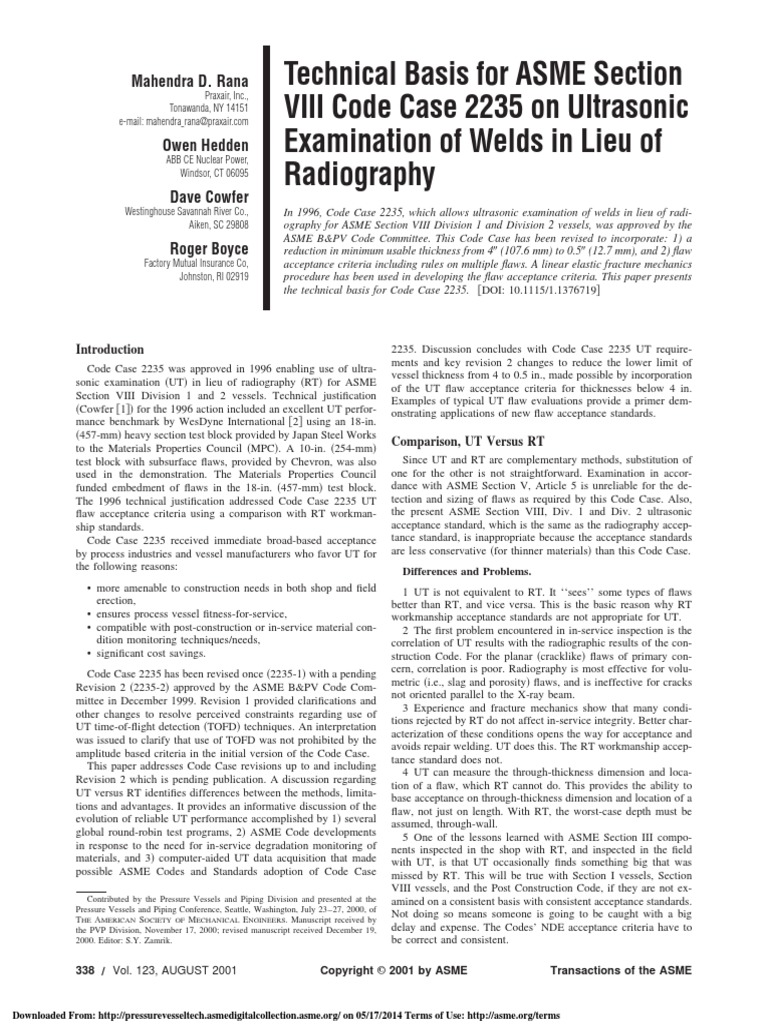 Technical Basis For ASME Section VIII Code Case 2235 On Ultrasonic ...