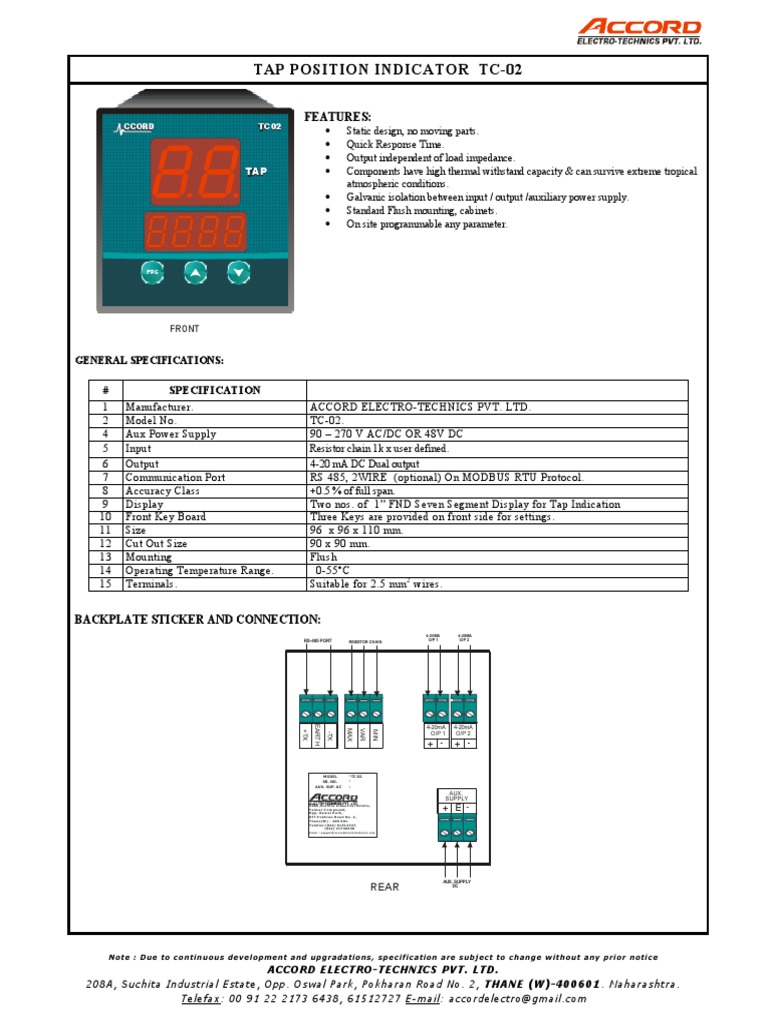 Tap Position Indicator Tc-02: Features | PDF | Computing | Computer Science