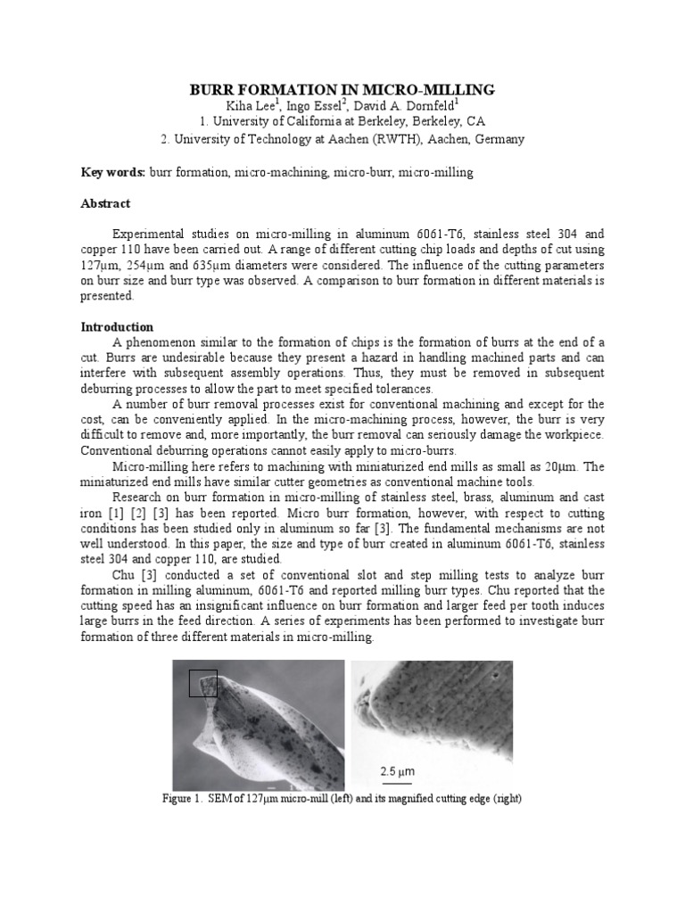Key Words: Burr Formation, Micro-Machining, Micro-Burr, Micro-Milling ...