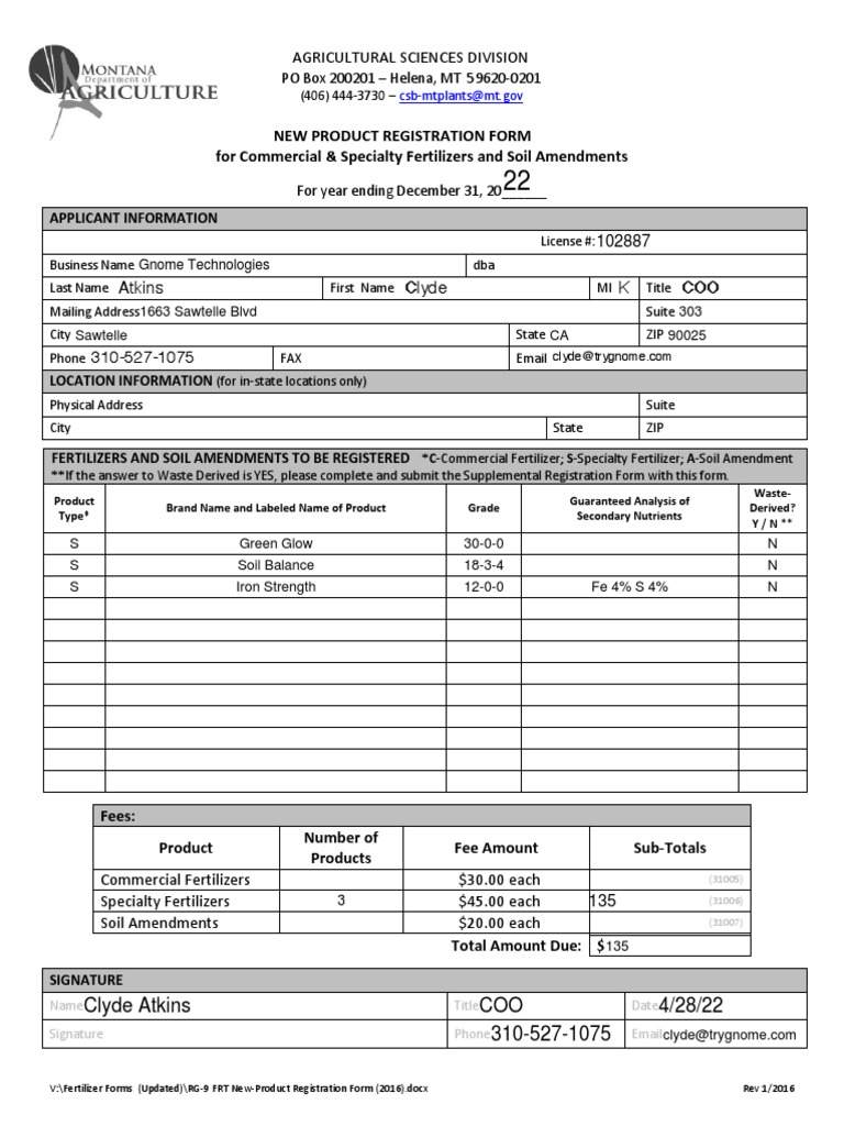 Montana Fertilizer Registration Form | PDF | Fertilizer | Soil