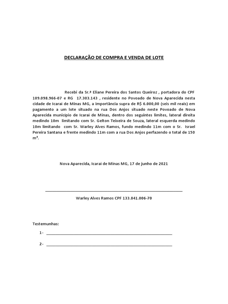 Declaração de Compra e Venda de Lote | PDF