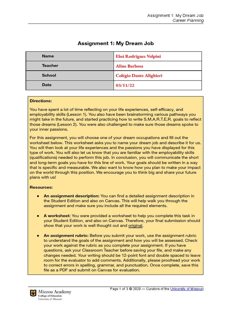 Eloá Volpini - My Dream Job - Assignment 1 - Career Planning | PDF ...
