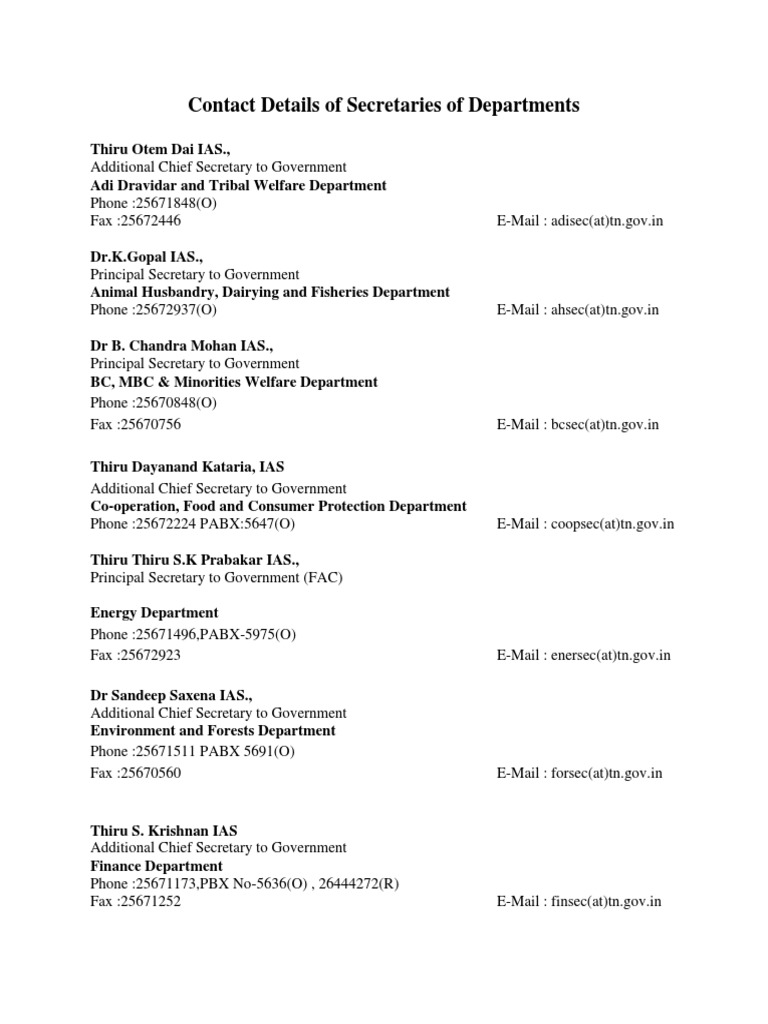 Contact Details of Secretaries of Departments | PDF | Government Of India