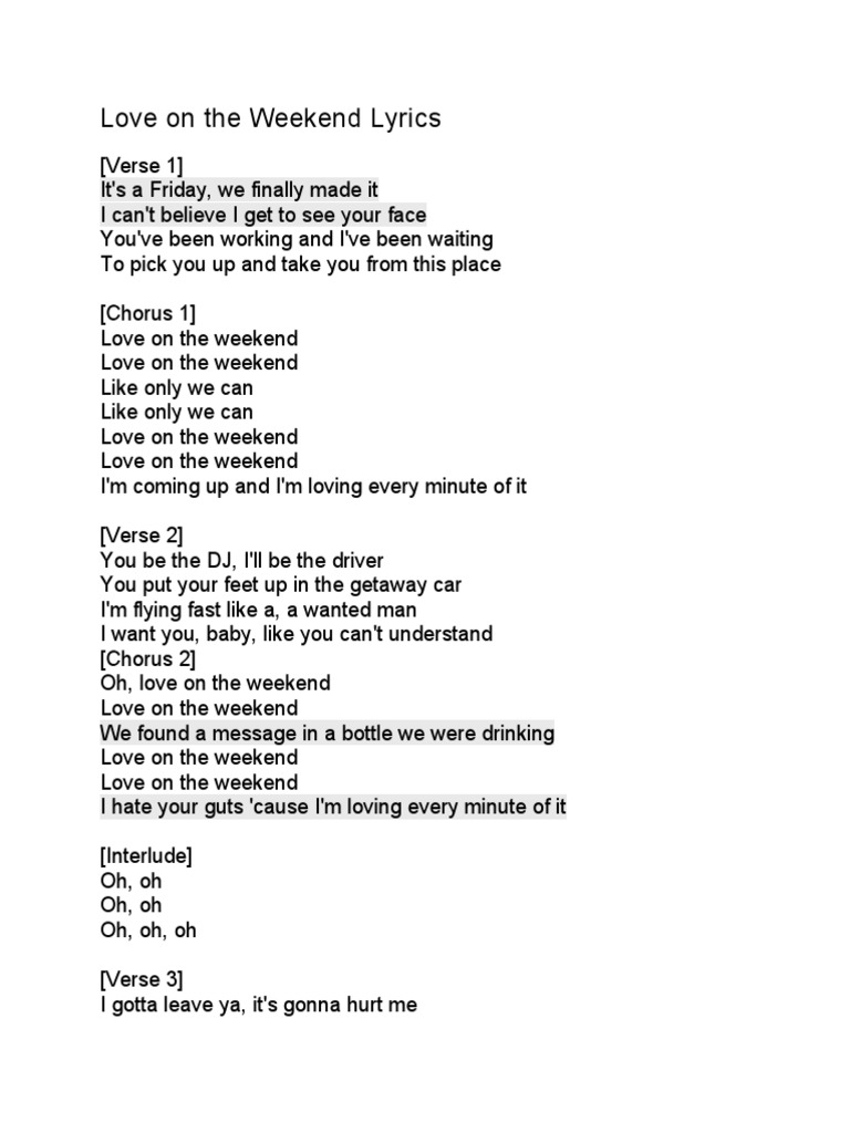 Love On The Weekend Lyrics | PDF