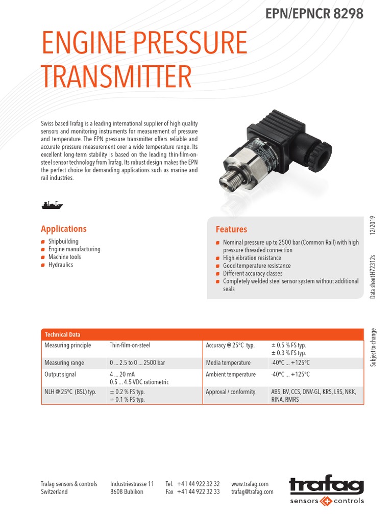 Engine Pressure Transmitter: Applications Features | PDF | Electrical ...