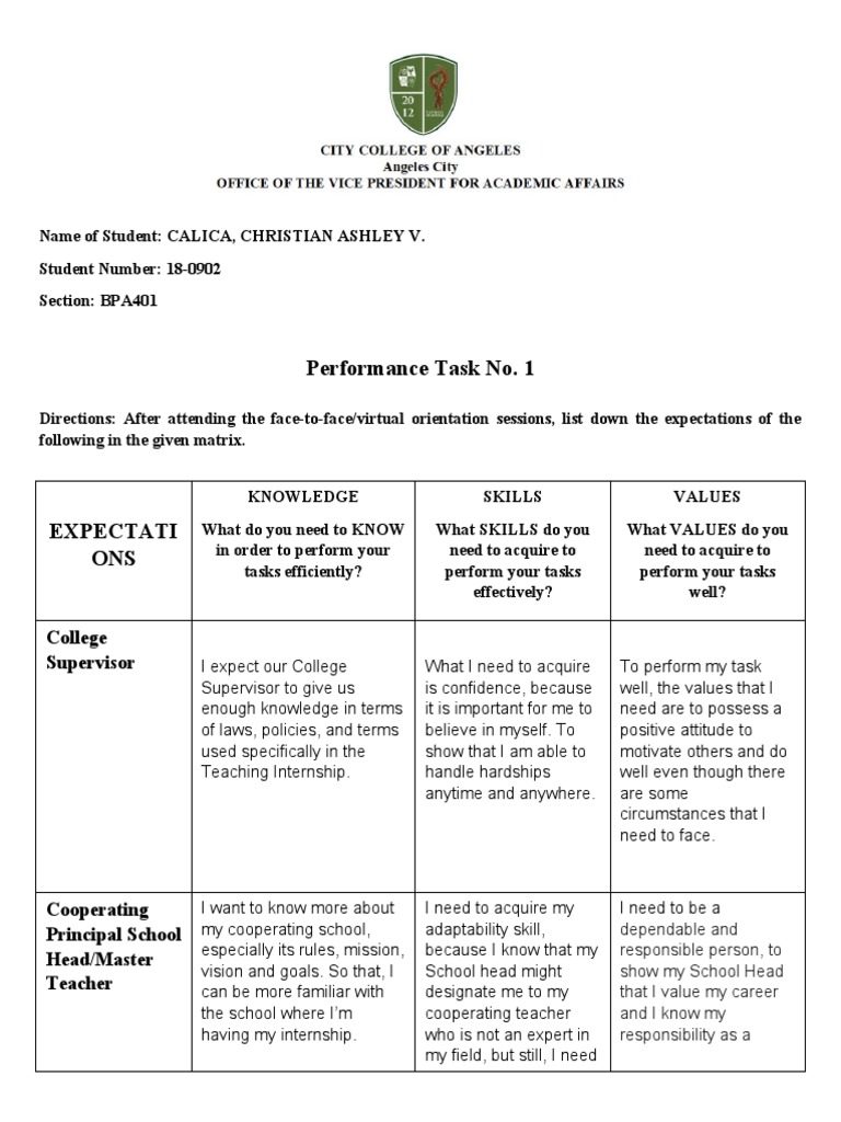 Christian Ashley Calica - Performance Tasks - Week 1 | PDF | Teachers ...